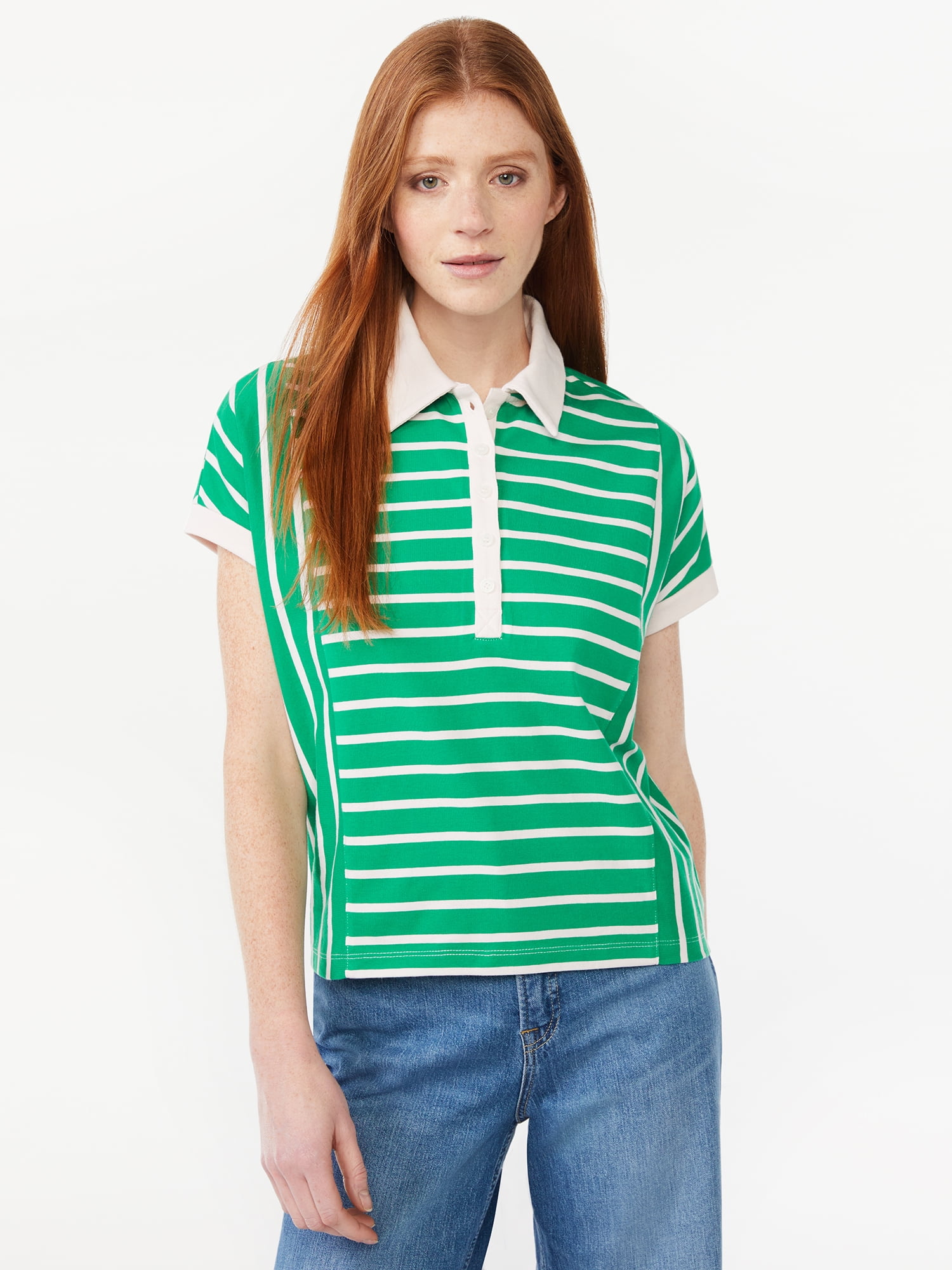 Free Assembly Women's Seamed Polo Shirt with Short Cap Sleeves ...