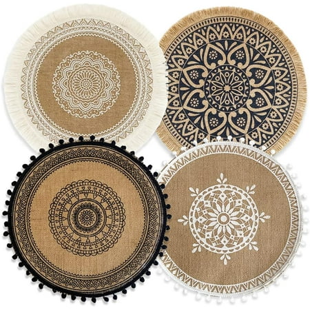 Set of 4 Boho Woven Round Placemat Handmade Table Mats Woven Jute ...