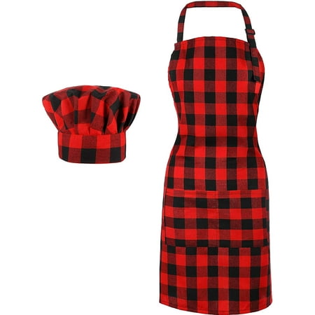 2 Pieces Chef Hat and Aprons Buffalo Plaid Check Women Apron for ...