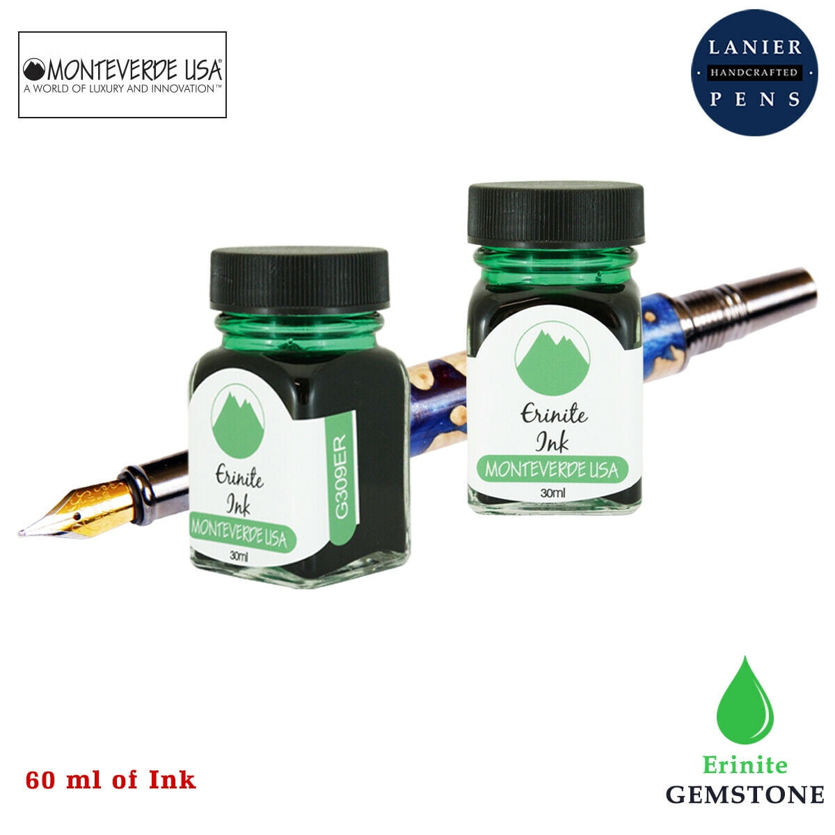 Monteverde 60ml Gemstone Fountain Pen Ink Bottle (30ml Erinite G309ER ...