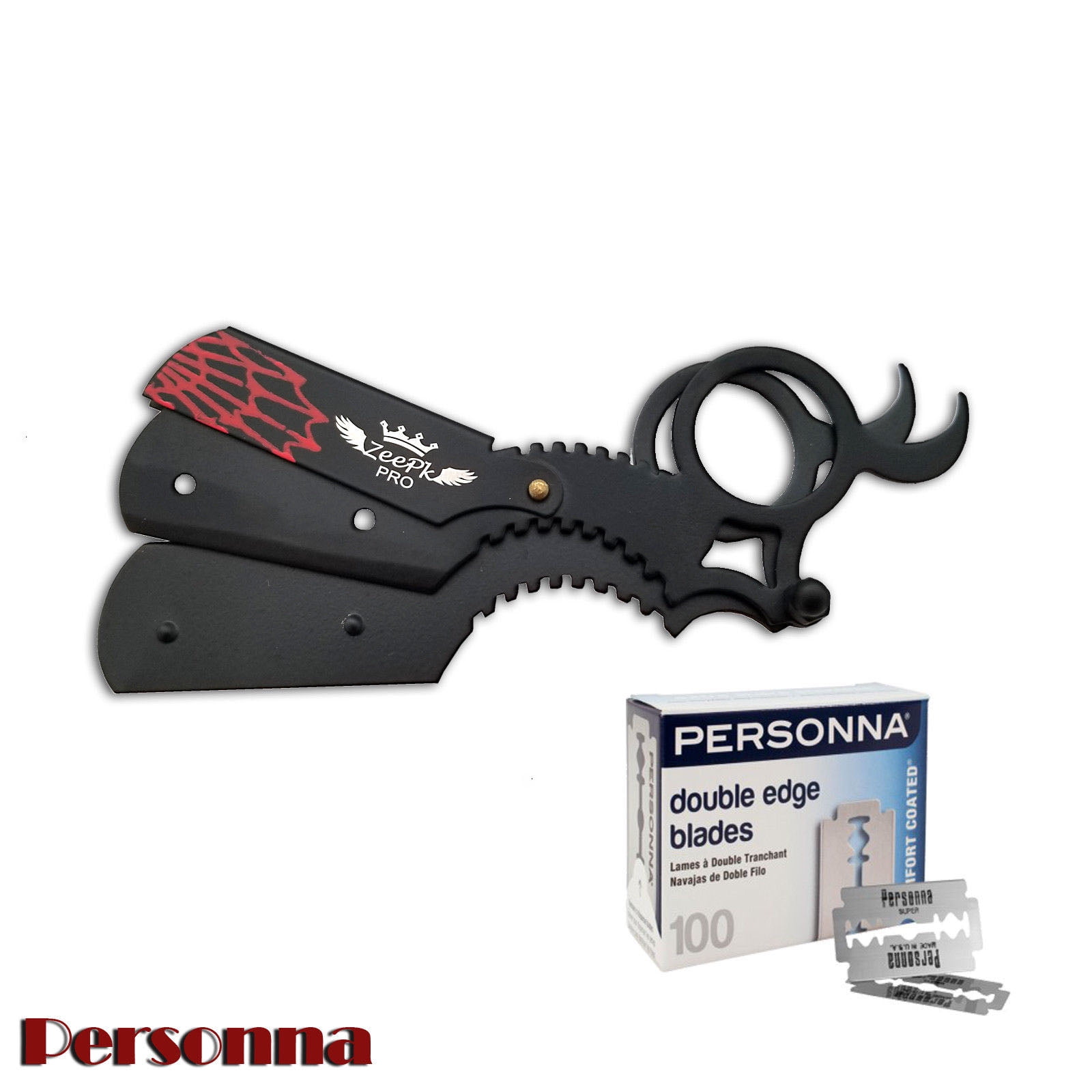 Barber Straight Edge Finger Insert Handle Shaving Razor Black Red ...