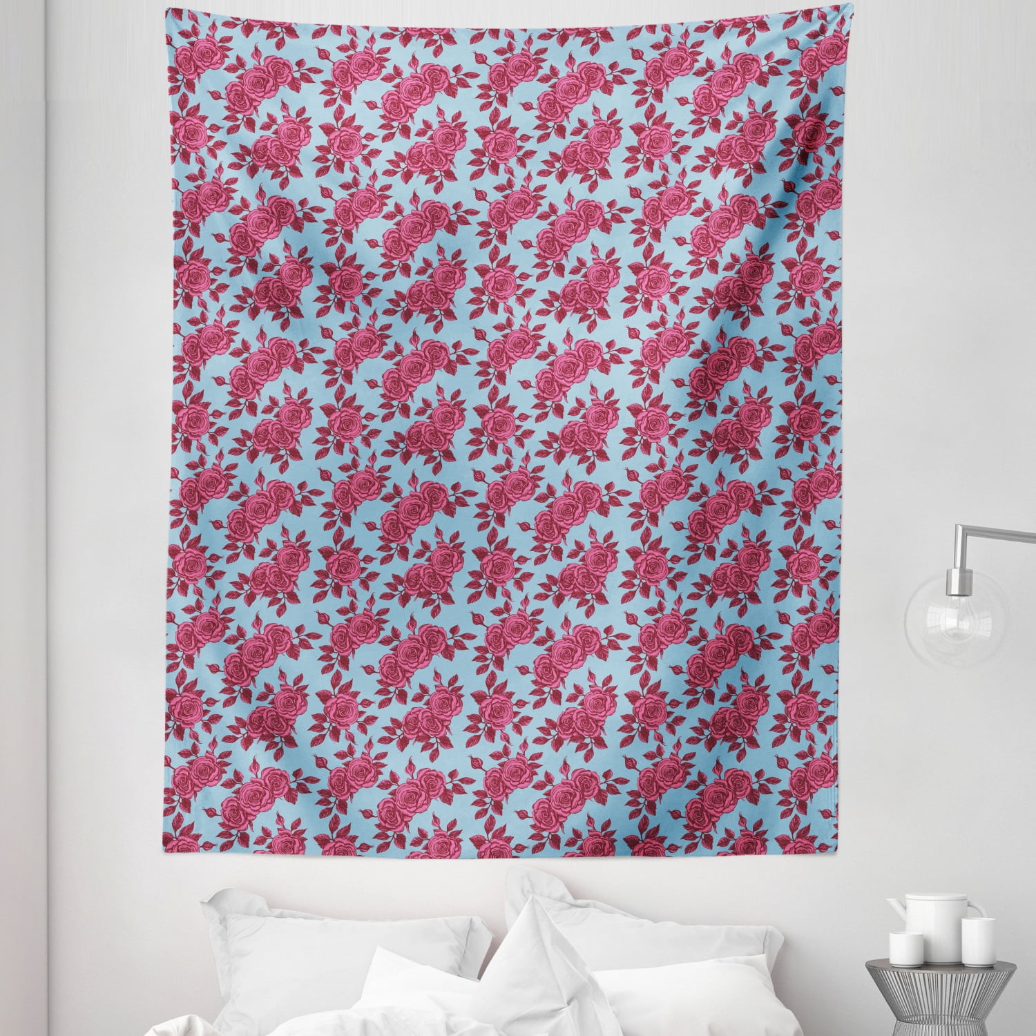 Rose Tapestry, Vintage Blue Background with Sketchy Flowers in Pink ...
