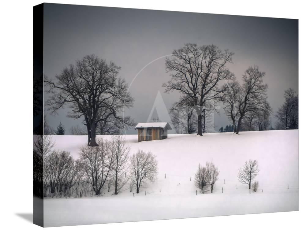 Winter Scene, Hill and Trees, Hut and Foreboding Sky, Scenic Seasons ...