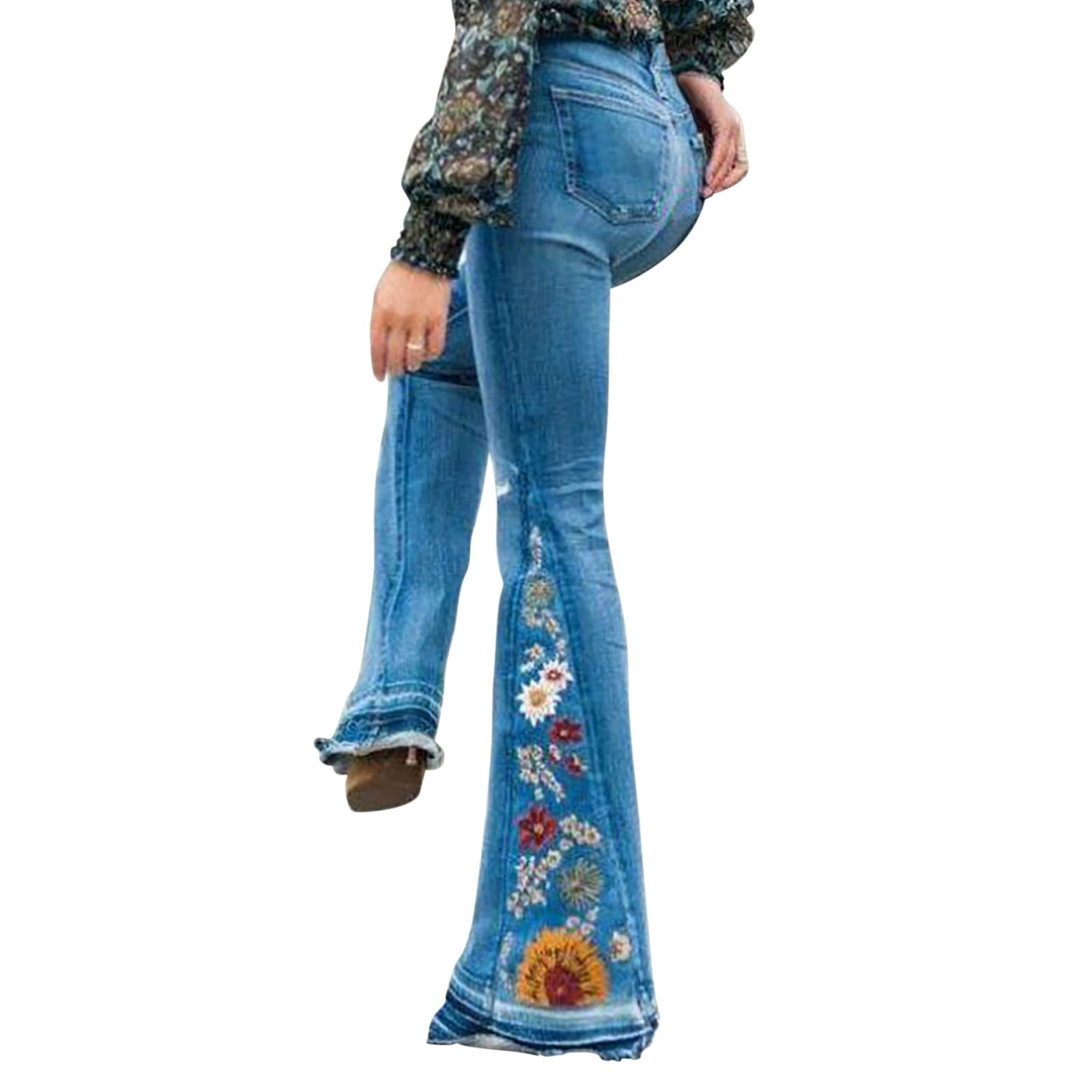 Eashery Womans Jeans 70s Trendy Flare Fitted Bell Bottom Denim Jeans ...