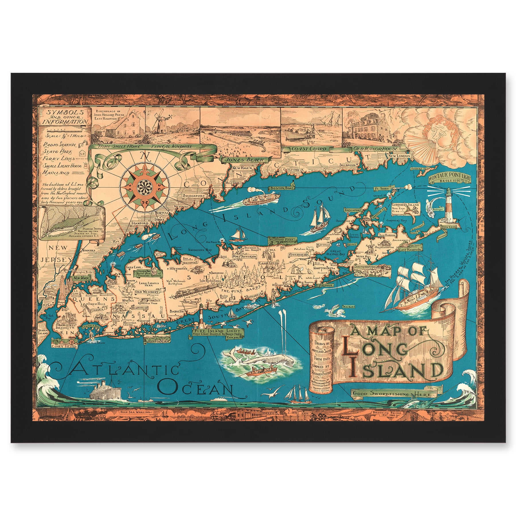 Long Island NY Smith 1933 Pictorial Map History A4 Artwork Framed Wall ...