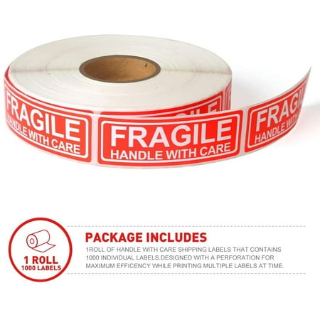 Fragile 1"x3" Handle with Care Shipping Stickers, 500 Labels Per Roll ...