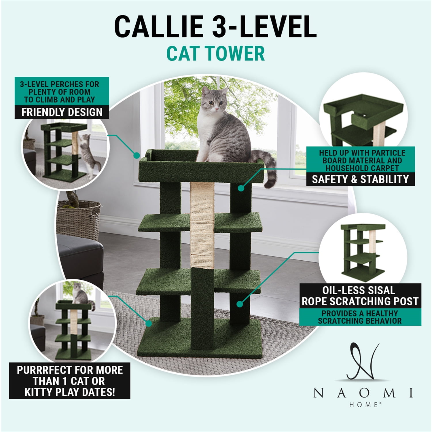 Callie 3-Level Cat Condo, Cat Tower, Cat Tree by Naomi Home-Color ...