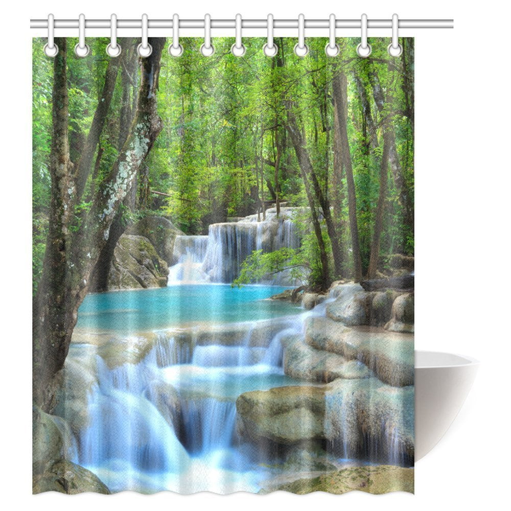 MYPOP Rainforest Waterfall Shower Curtain, Foliage Jungle Misty ...