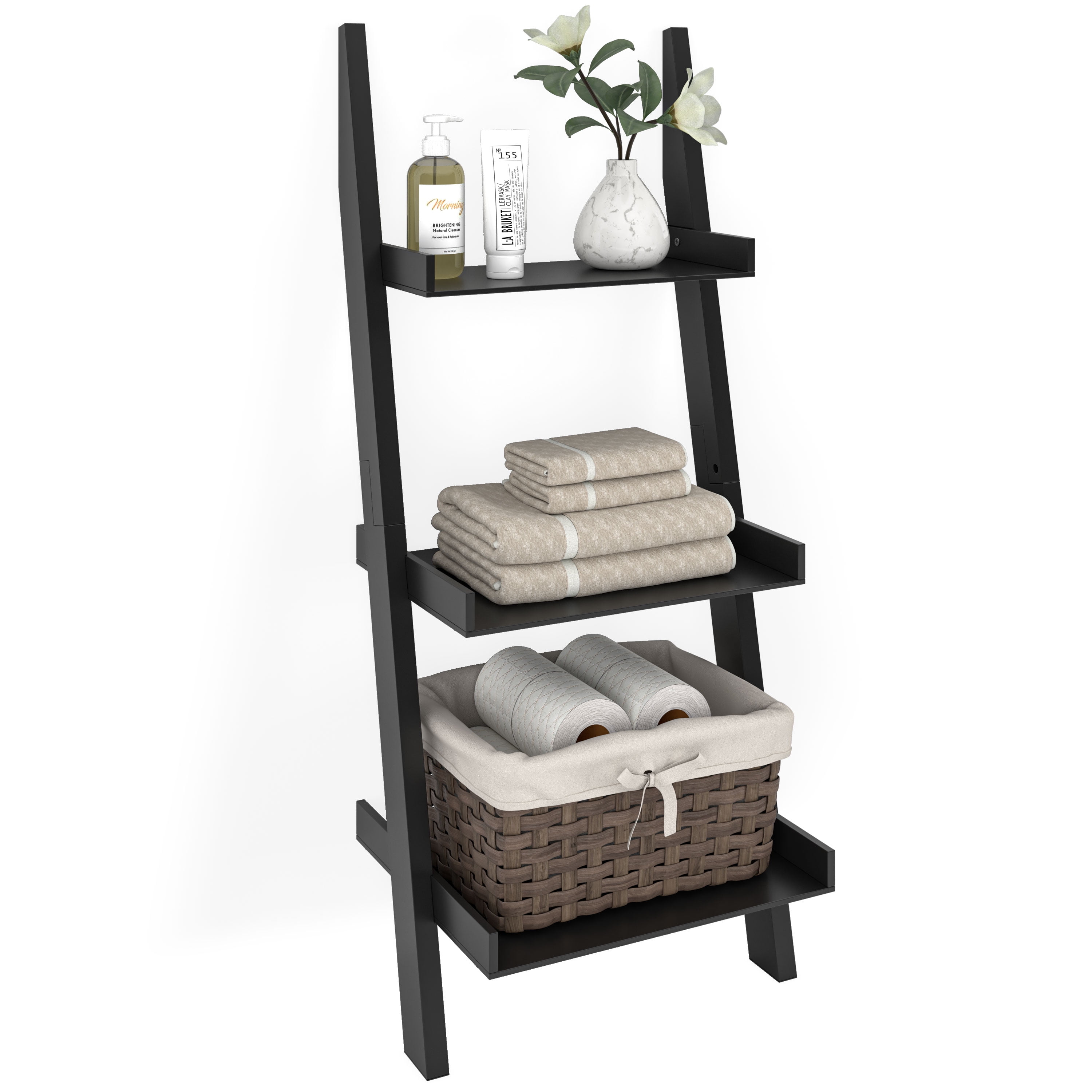 Ballucci 3-Tier Storage Ladder Shelf Bookcase, Wood Leaning Ladder ...