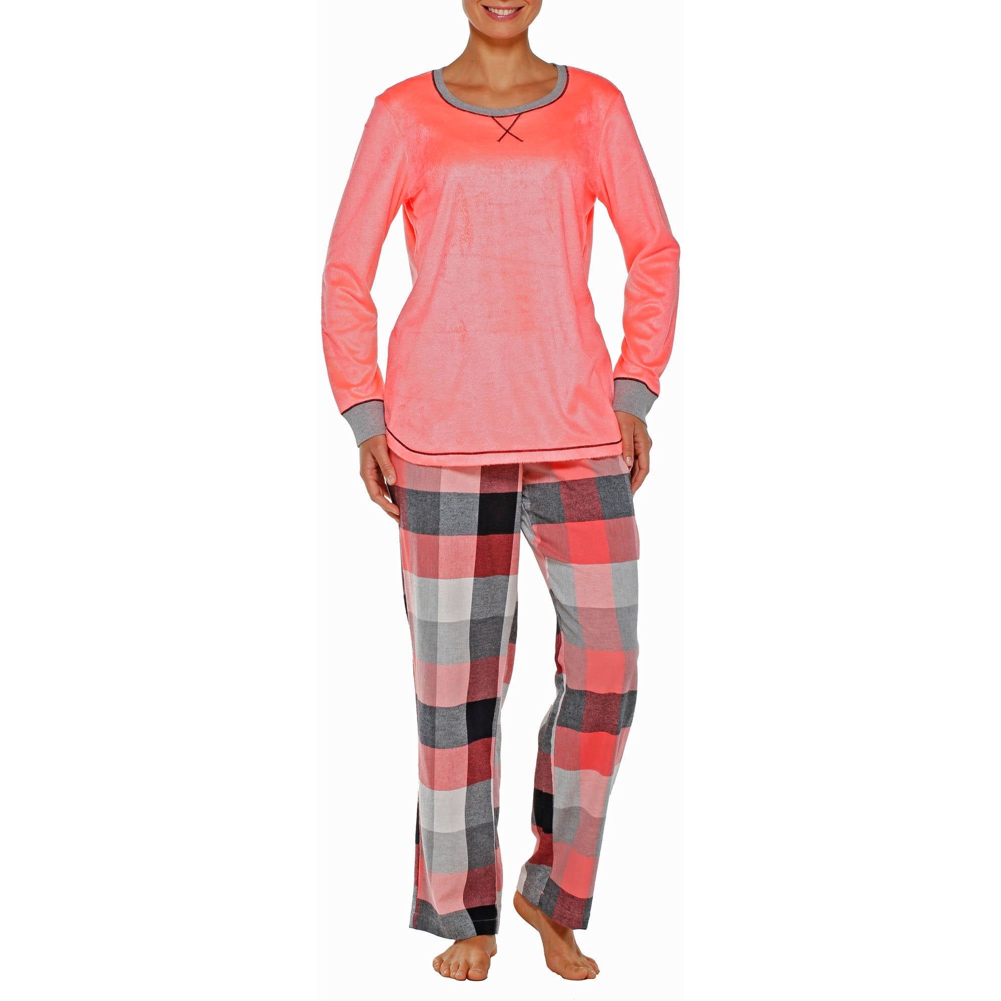 Womens Microfleece Pajama Top With Flannel Plaid Sleep Pant 2 Piece