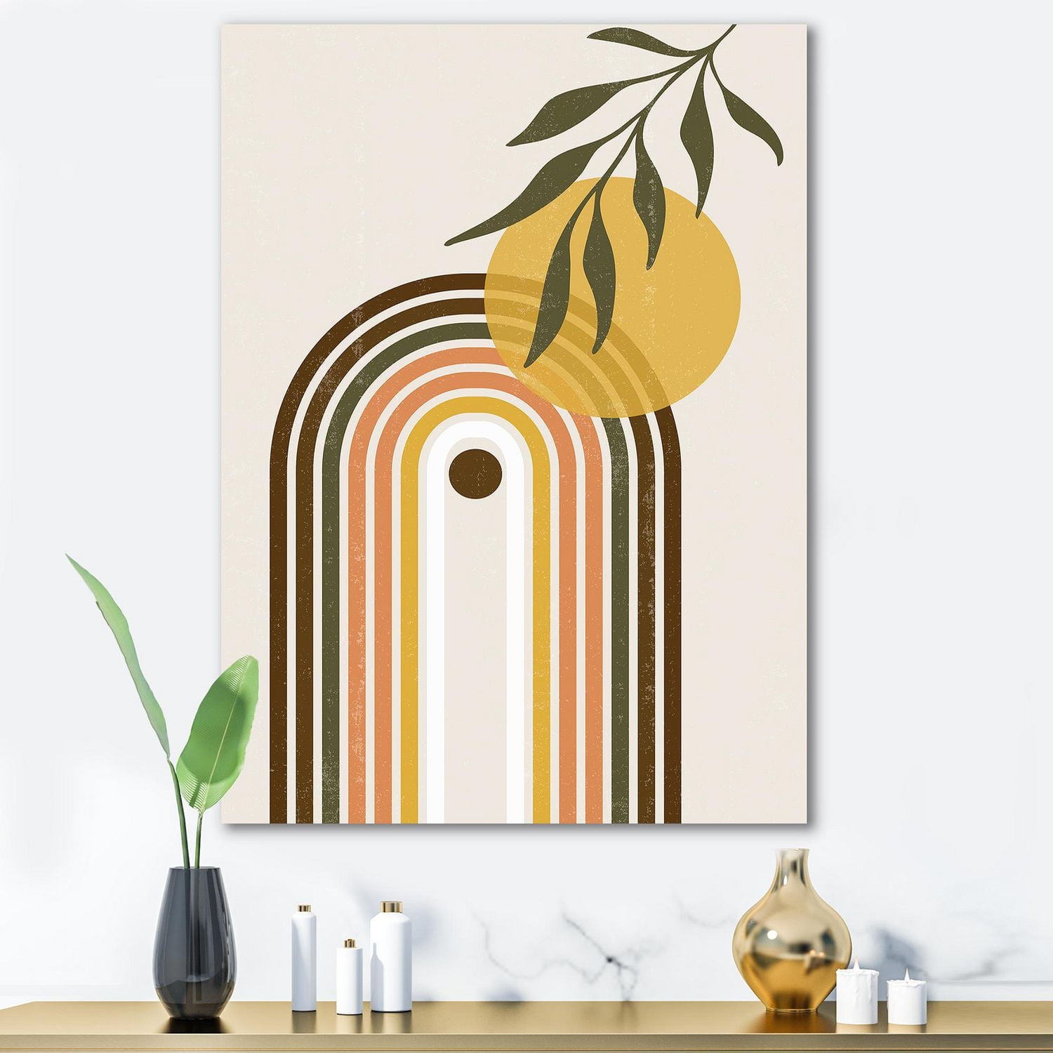 Click here for Designart Abstract Yellow Sun With Retro Rainbow C... prices