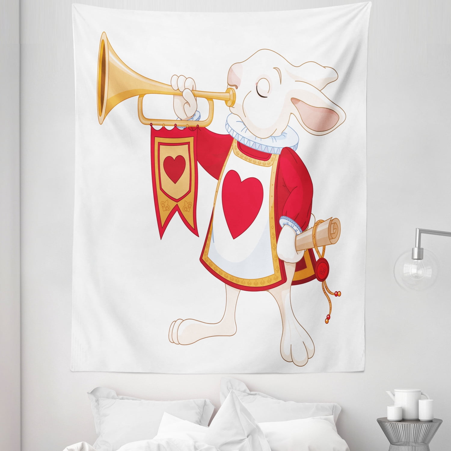 Cartoon Tapestry, Rabbit Playing Royal Trumpet with Heart Design Animal ...