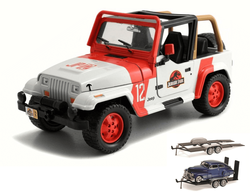 Diecast Car & Trailer Package - 1992 Jeep Wrangler Off Road, White w ...