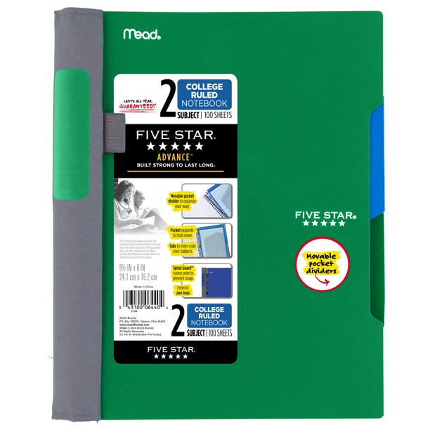 Five Star Advance Notebook- 9.5" x 6" - 2 Sub, 100ct CR, Green ...