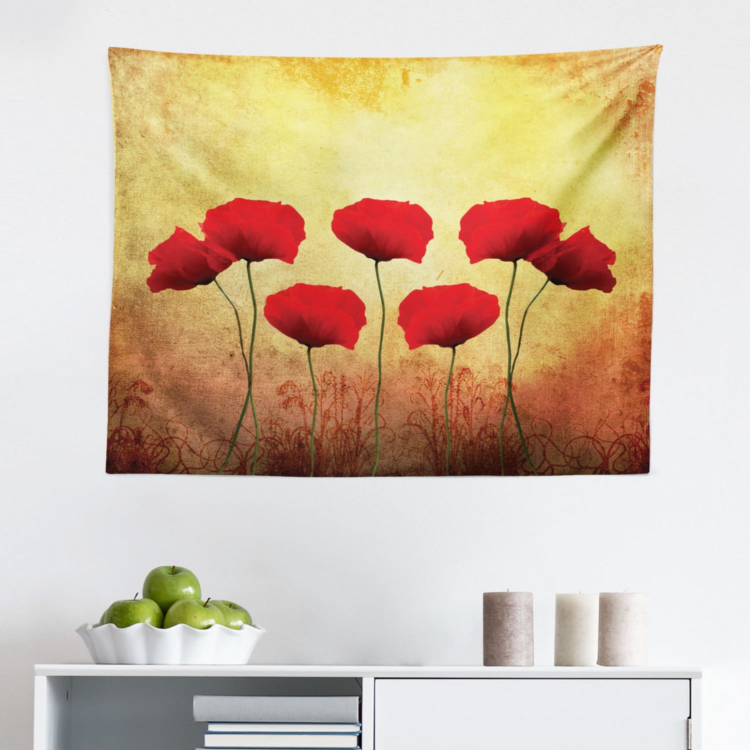 Poppy Flower Tapestry, Dream Garden with Poppies Full Moon Floral Tree ...