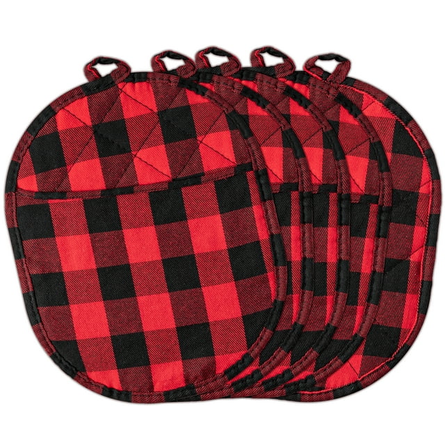 GROBRO7 5Pcs Pot Holder with Pockets Black and Red Cotton Plaid Oval ...