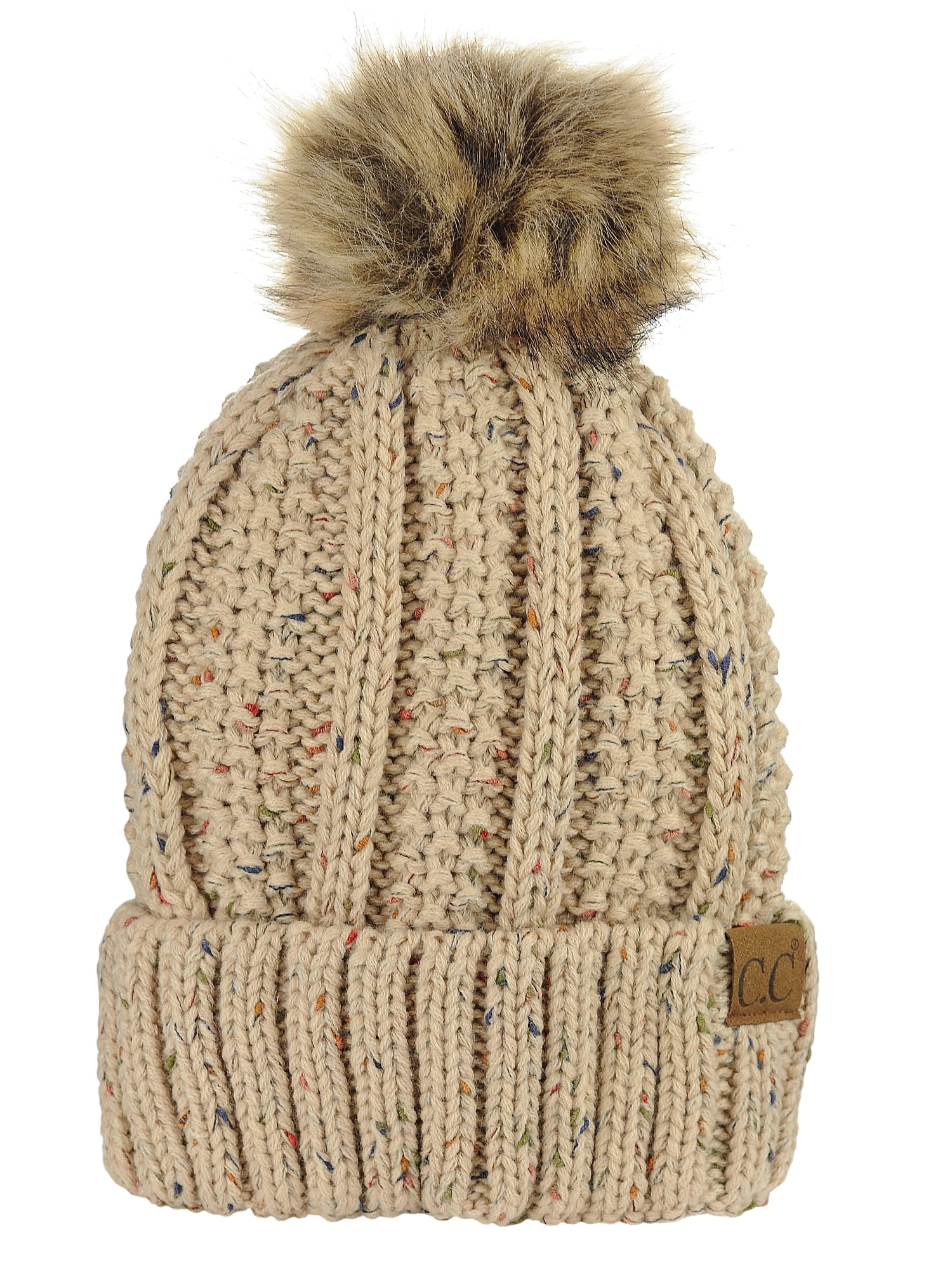 C.C Thick Cable Knit Faux Fuzzy Fur Pom Fleece Lined Skull Cap Cuff ...