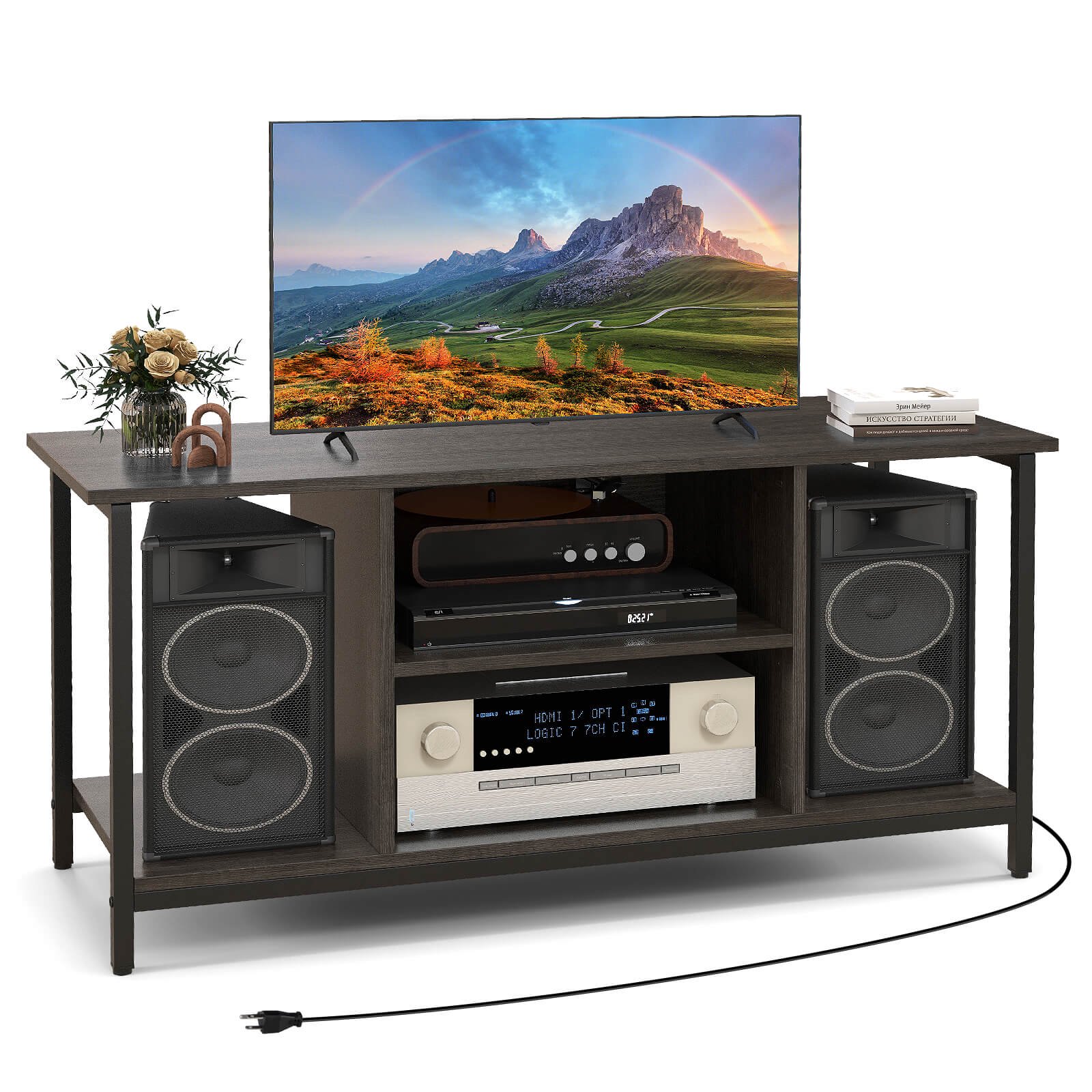 Costway Tv Stand With Power Outlet Usb & Type-C Port 3-Tier Tv Console Table Grey 41.5 X 16 X 20 (L X W X H)