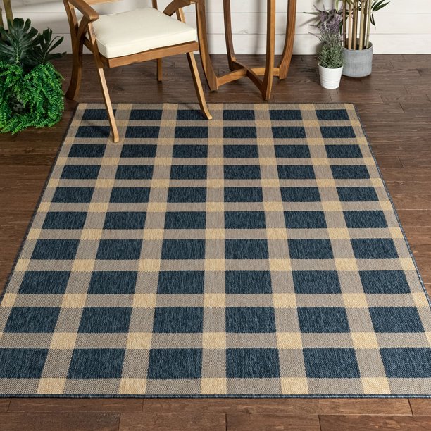 Well Woven Freja Blue & Beige Indoor/Outdoor Flat Weave Pile Buffalo ...