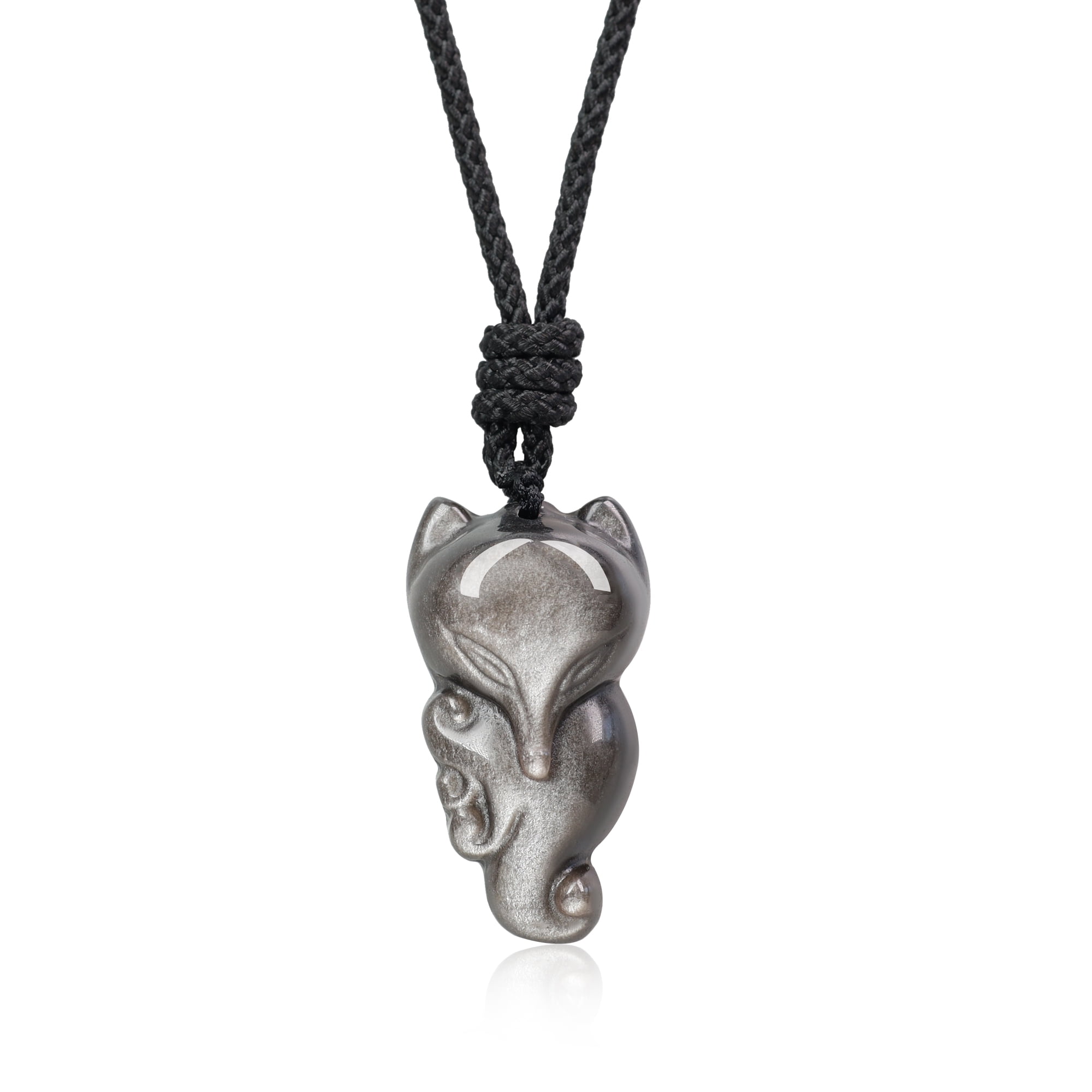 COAI Mens Womens Silver Sheen Obsidian Stone Fox Amulet Pendant ...