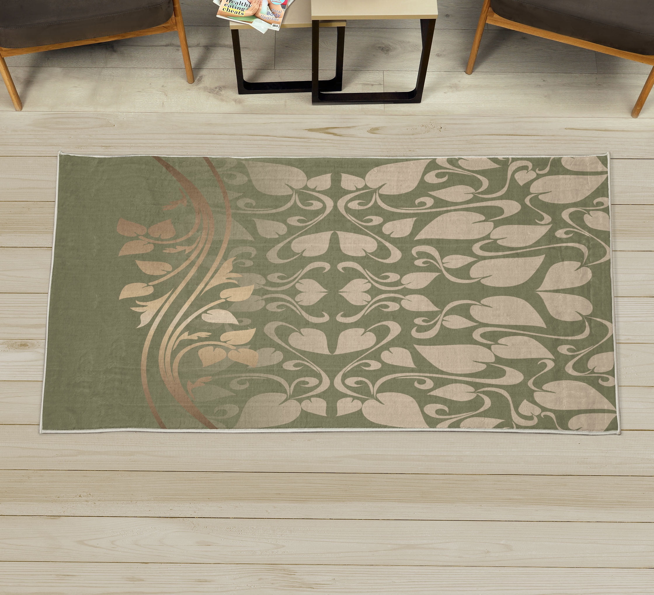 Floral Decorative Rug, Romantic Royal Leaf Pattern Yellow Colored ...