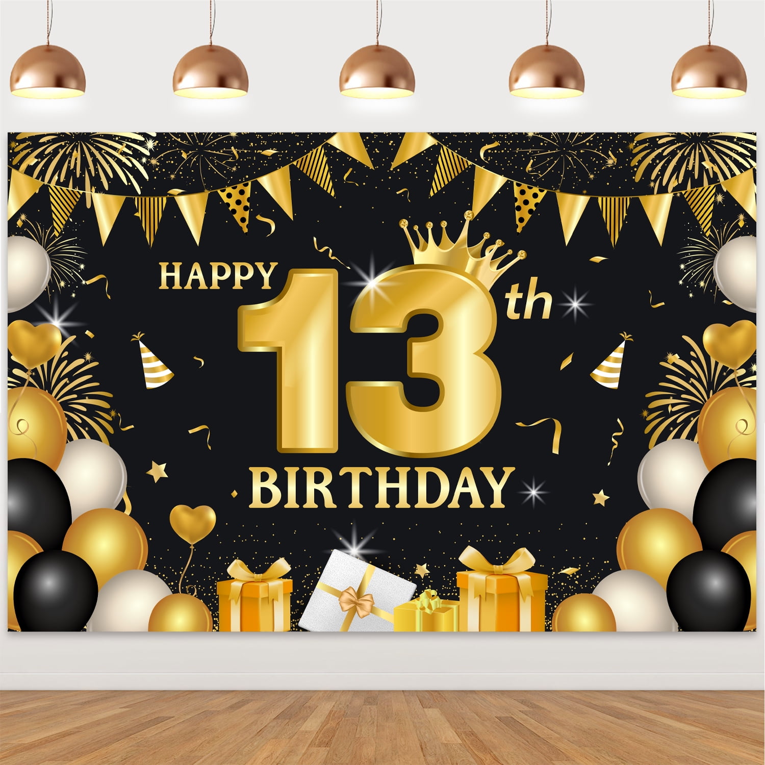 Black Gold 13th Birthday Party Decorations Happy 13th Birthday Backdrop ...
