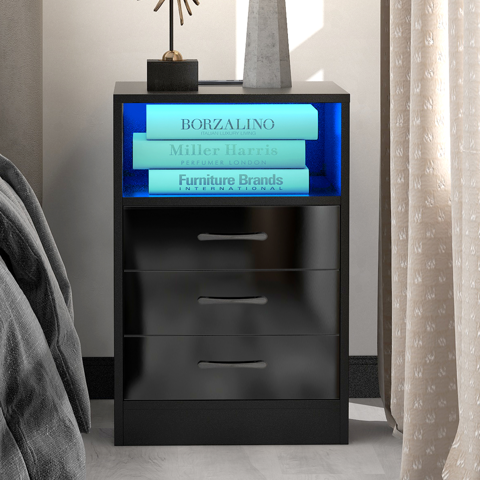 paproos LED Nightstand with USB Charging Ports, Modern Black Nightstand ...