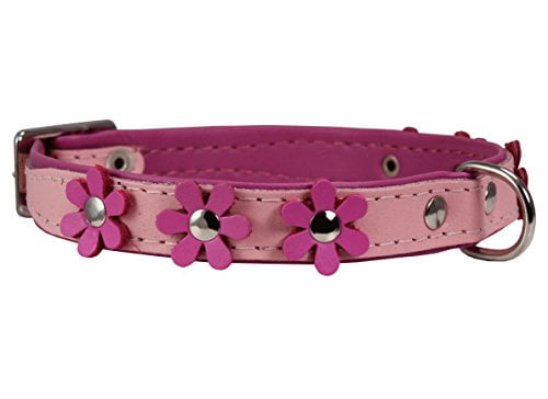 Real Leather Daisy Flowers Dog Collar (Pink/Baby-Pink, 10.75"-12" Neck ...