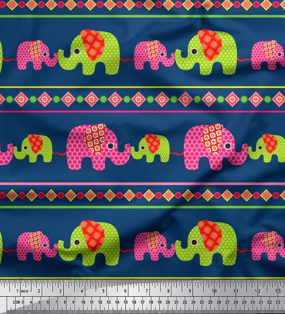 Soimoi Satin Silk Fabric Geometric Shapes,Stripe & Elephant Kids Print ...