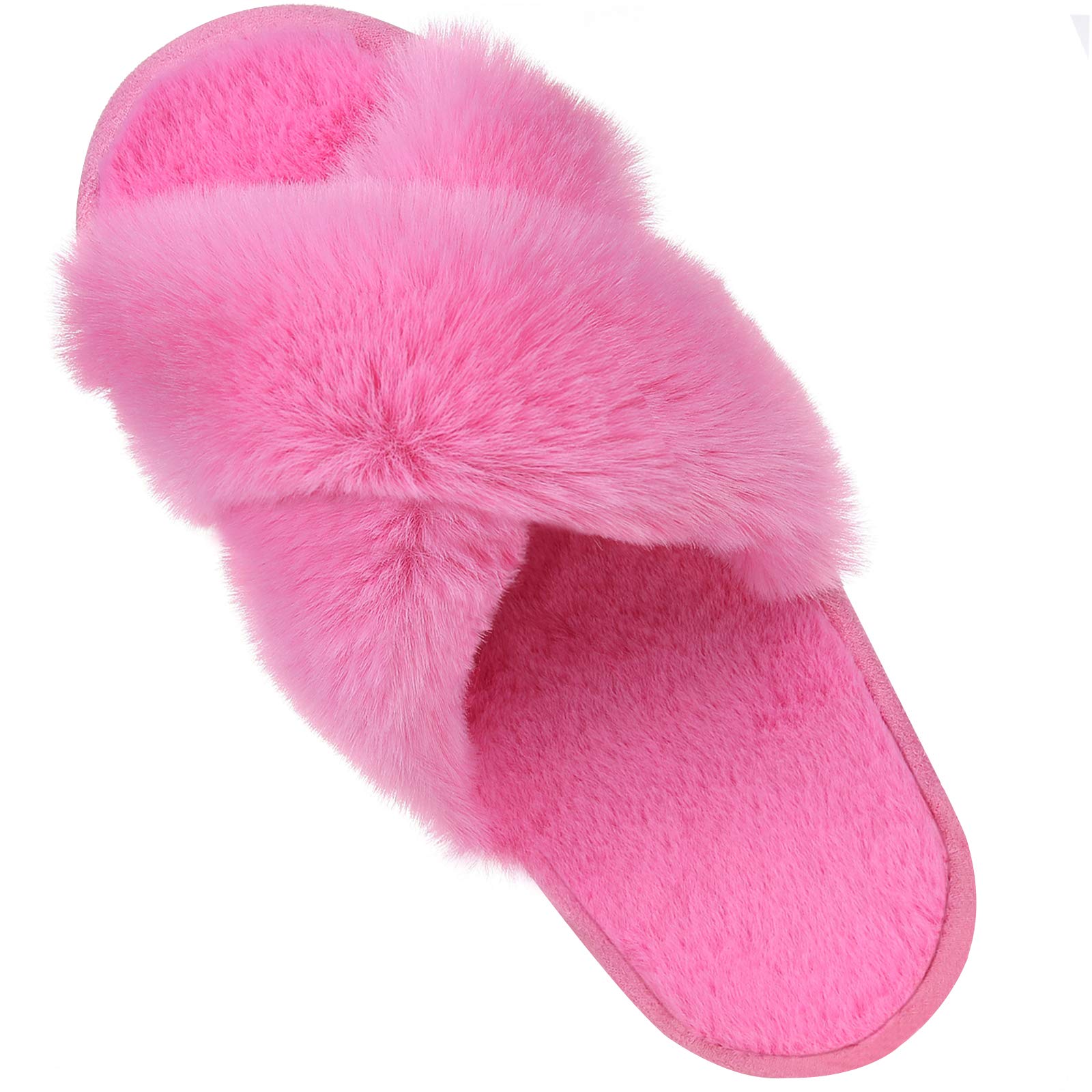 Litfun Women's Fuzzy Slippers Plush Cross Band Open Toe House Thick Sole Slippers, Hot Pink ...