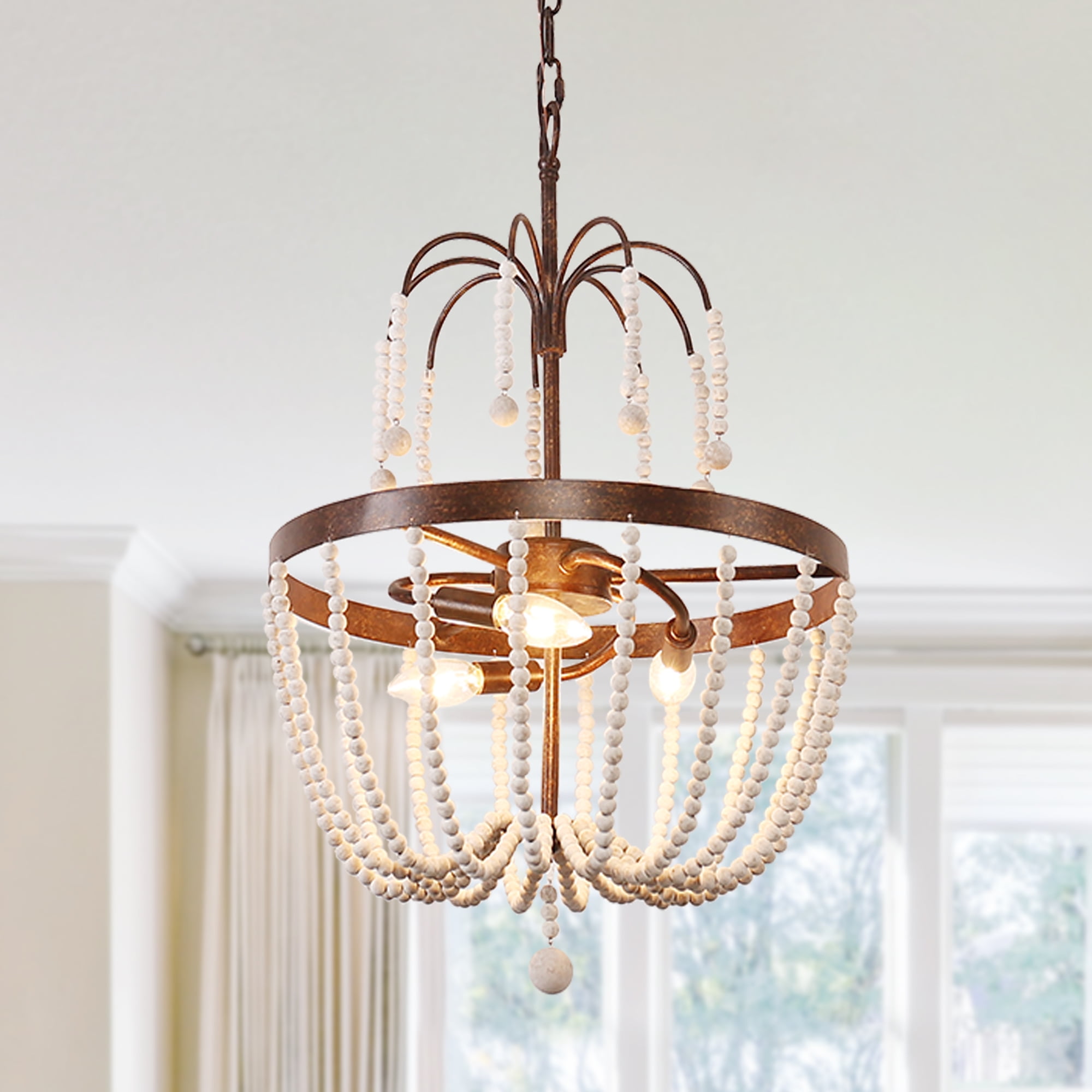 3-Lights Wood Bead Chandelier Red Pendant Light - Walmart.com