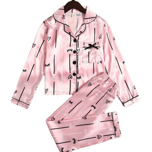 GYRATEDREAM Satin Pajamas for Girls – Printed Long Sleeve Silk Button ...