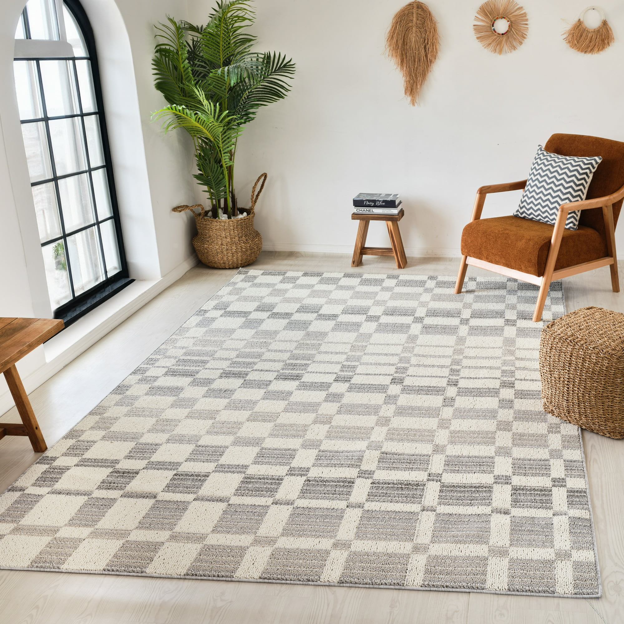Rug Branch Jules Checkered Indoor Area Rug  Grey Beige  Modern - Living Room  Bedroom  Dining Room  And Kitchen 67 X 96