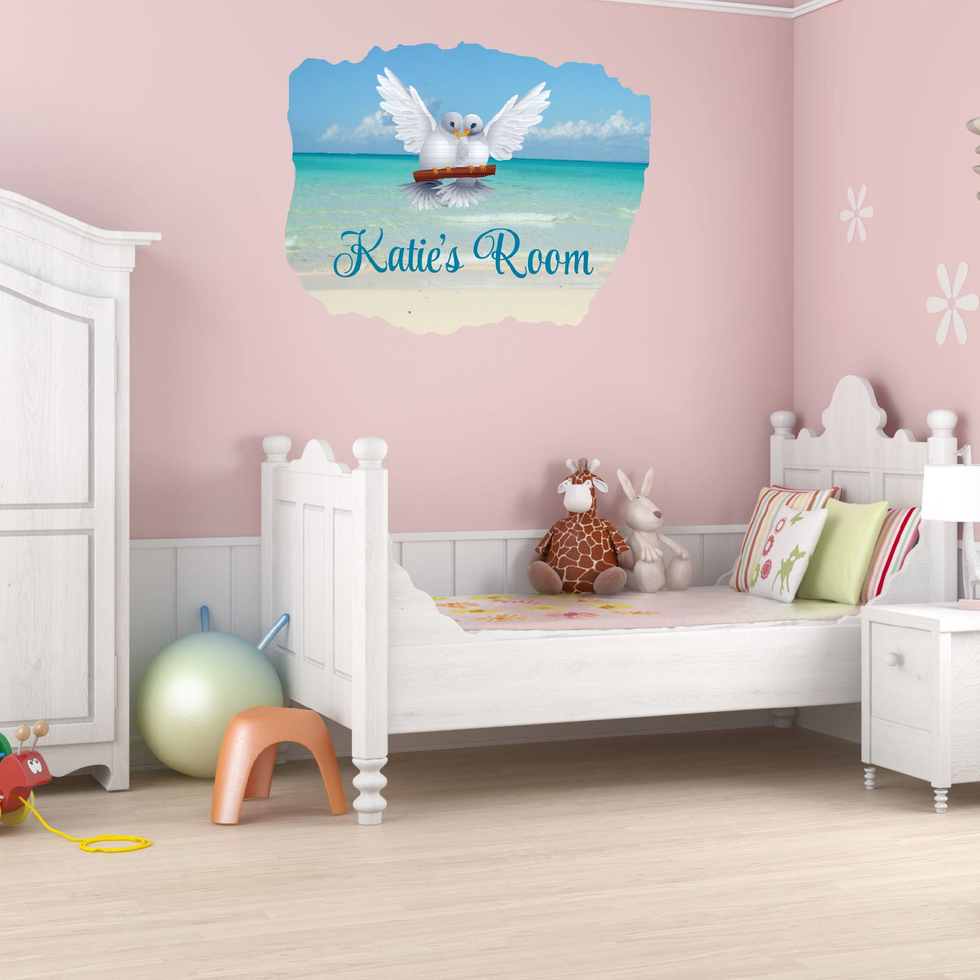 Animal Watercolor Custom Name Wall Decals for Kids Room - White Doves ...