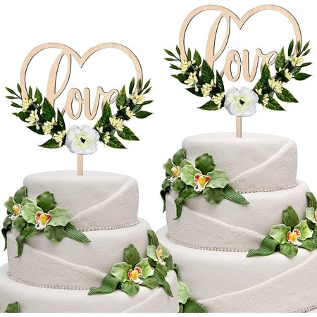 Wedding Love Cake Topper 2 Pieces Heart Shaped Cake Topper with Flowers ...