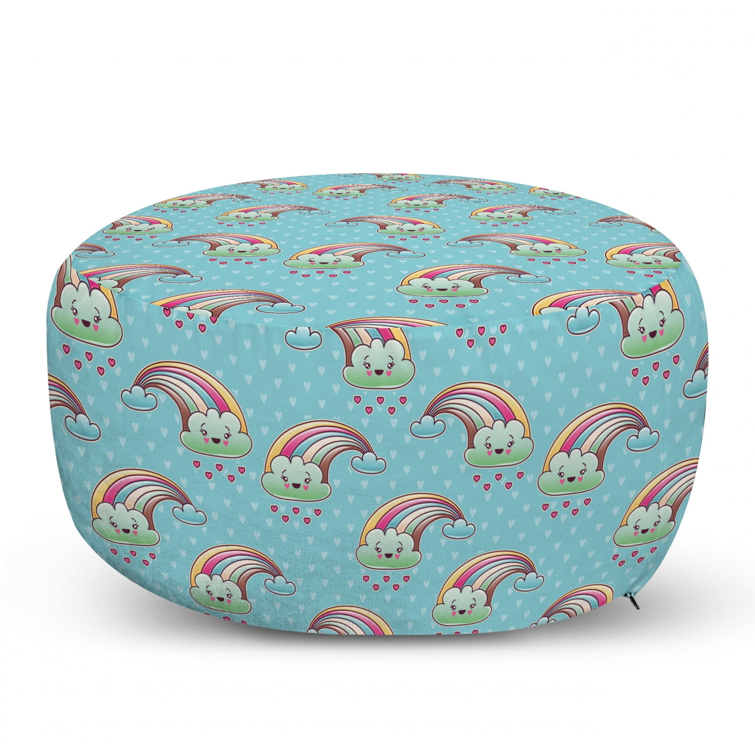 Anime Pouf Cover with Zipper, Cartoon Rainbow Clouds with Smiling Faces ...
