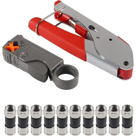 Coax Cable Crimper Coaxial Compression Tool Kit Wire Stripper with 10pcs F RG6 RG59 Connectors ...