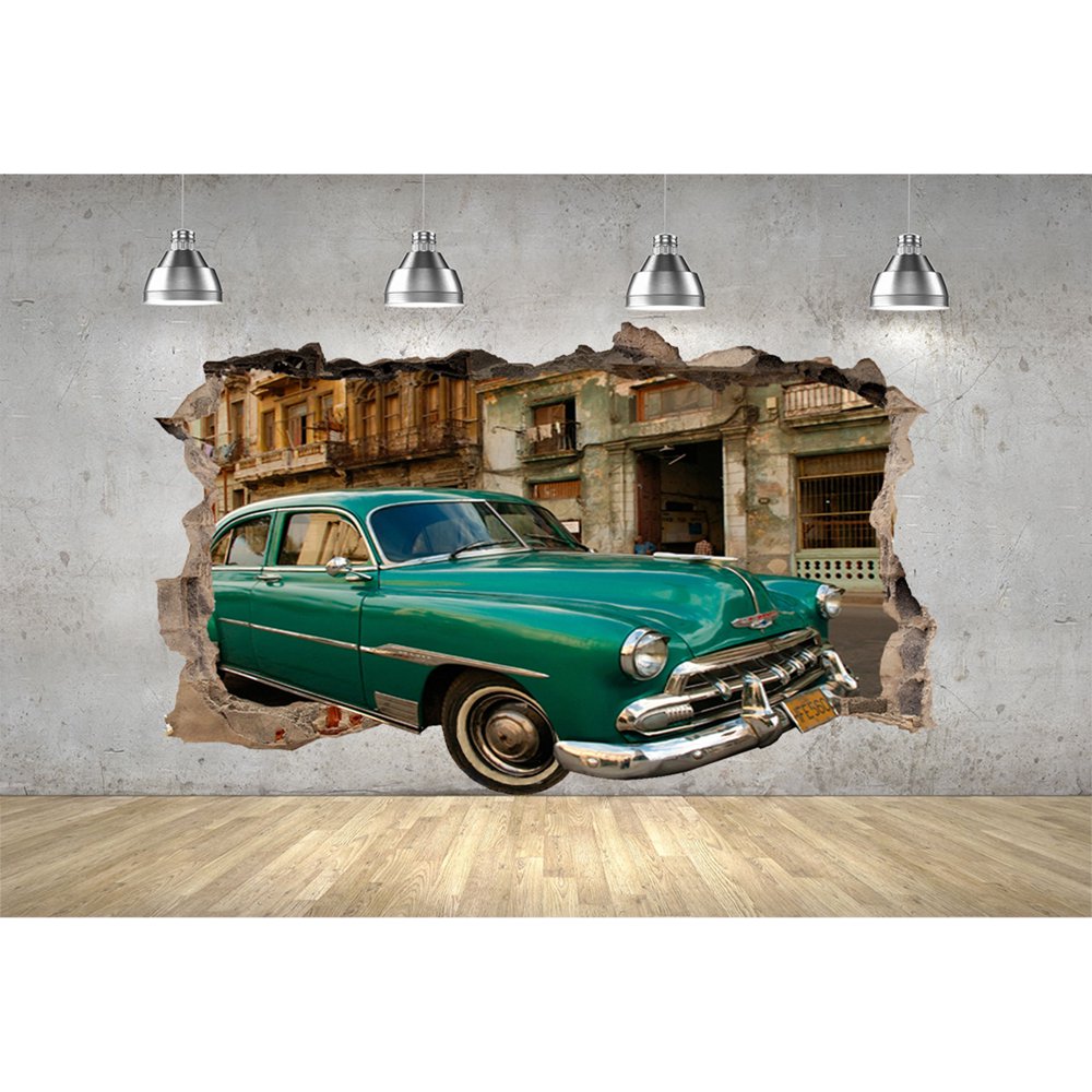 Startonight 3D Mural Wall Art Photo Decor Green Old Car in Havana ...