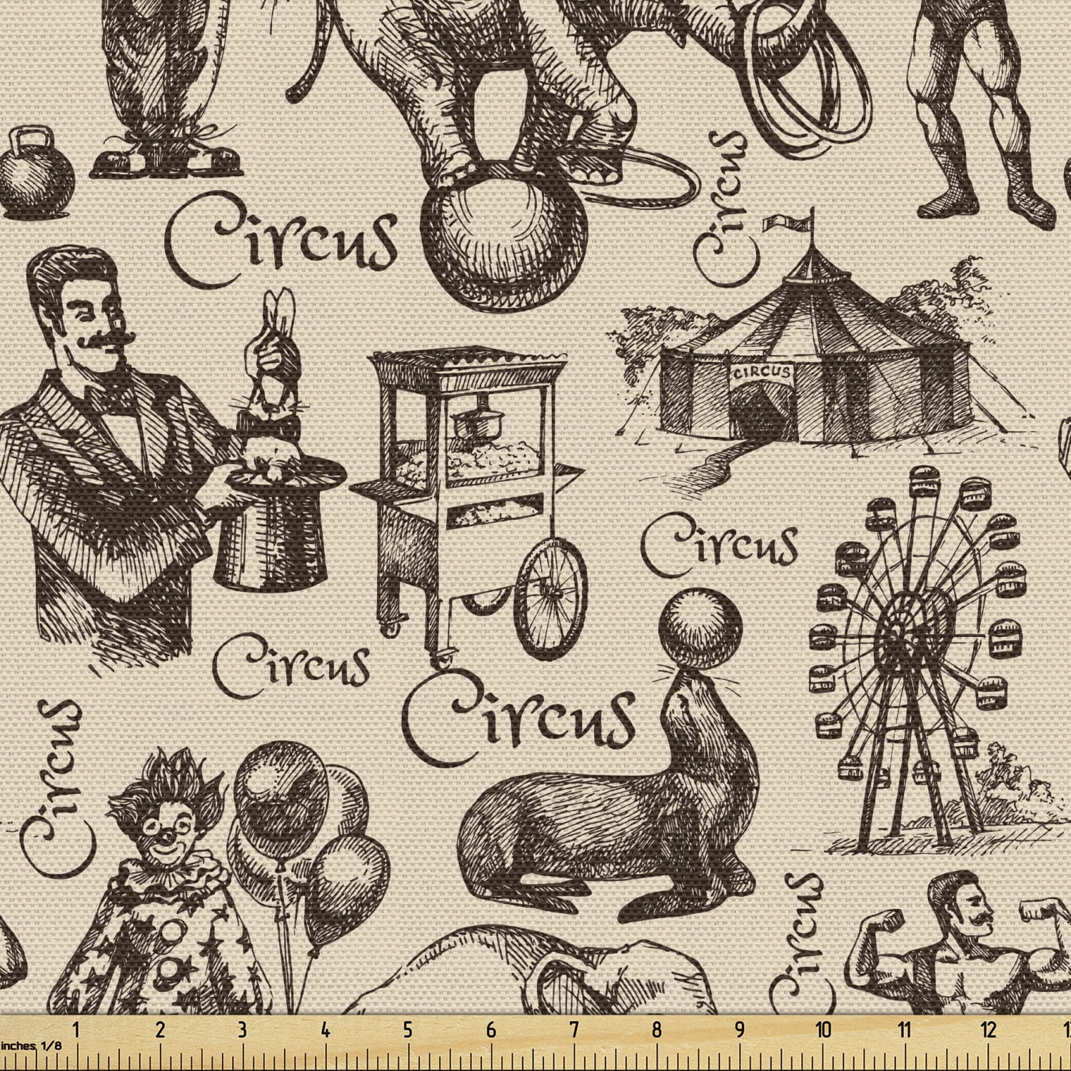 Circus Fabric by the Yard, Hand Drawn Sketch Style Clown Magician ...