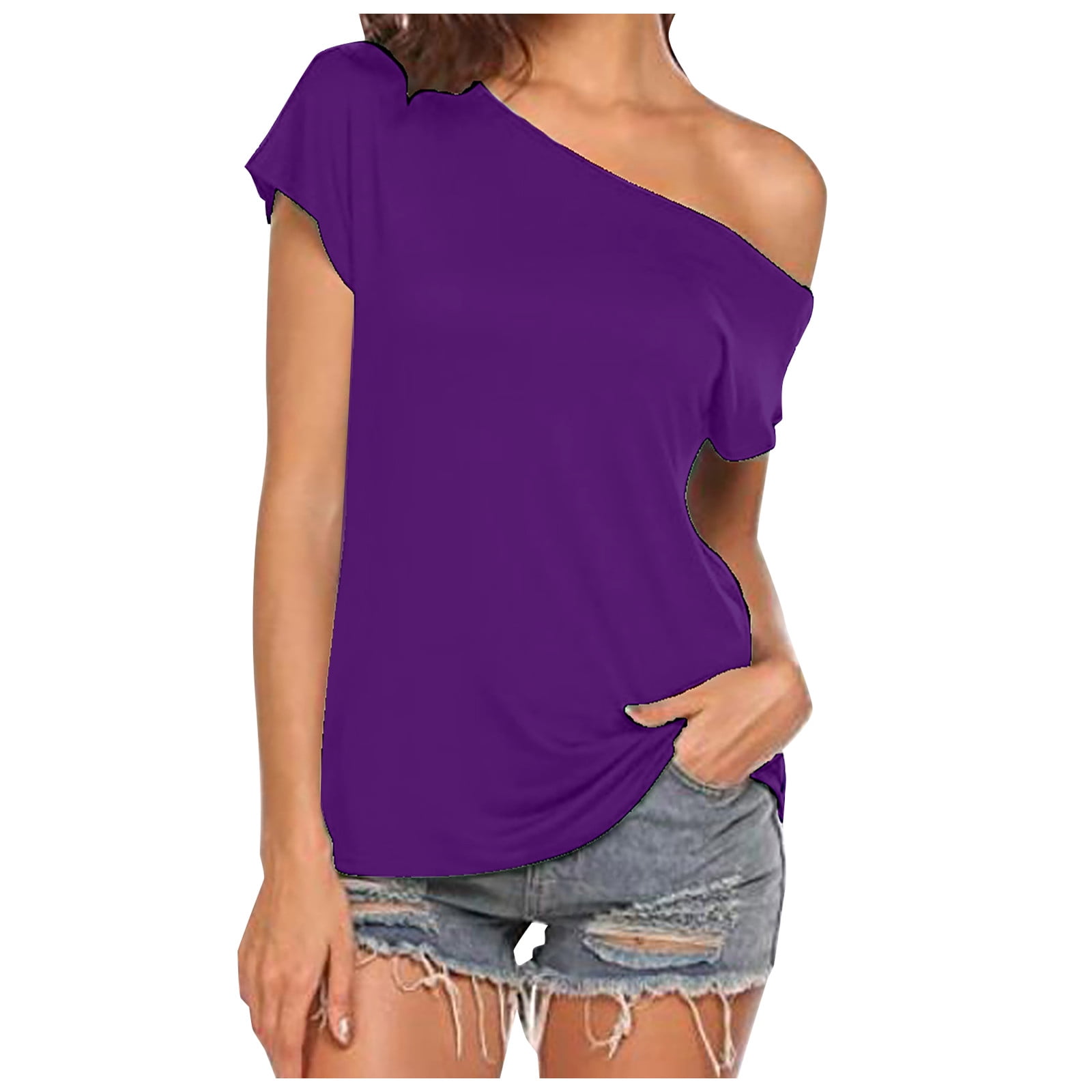 Xiuh Solid Color Off Shoulder Tops Ladies Irregular Top Short Sleeve