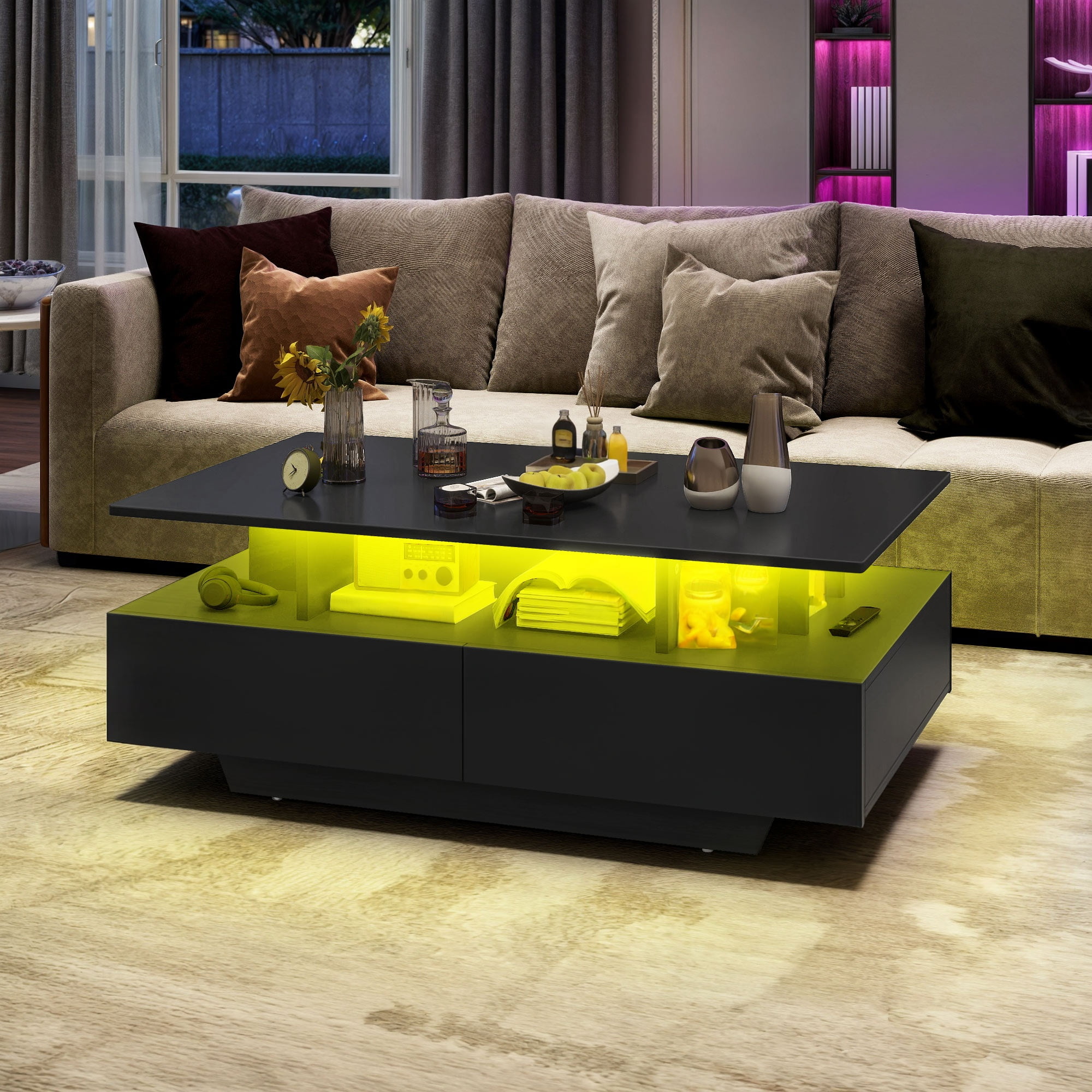 Click here for Dextrus Black Gloss Led Coffee Table With 4 Slidin... prices