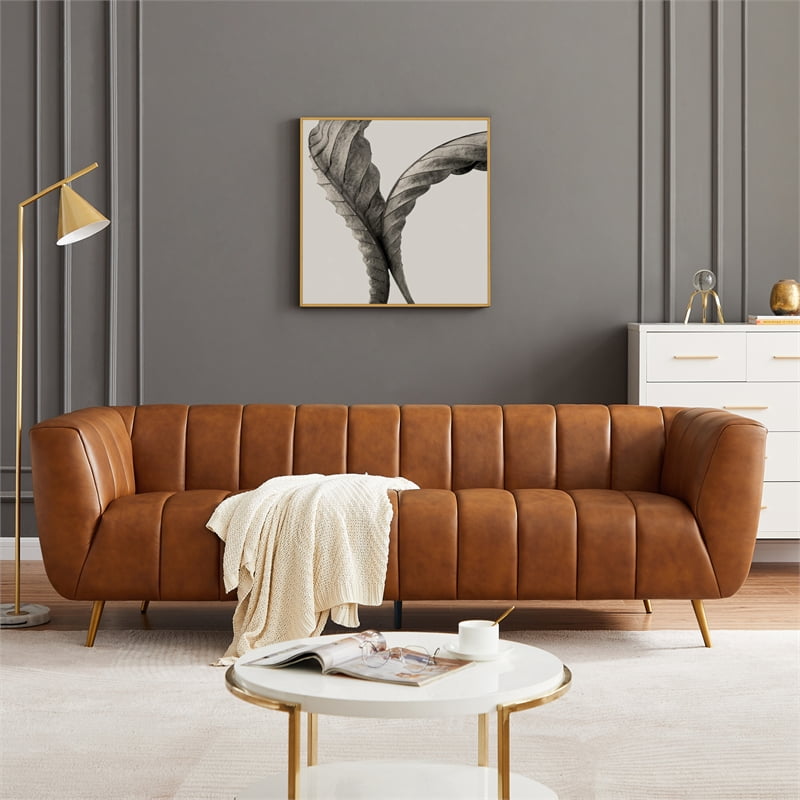 Clodette Mid Century Modern Living Room Genuine Leather Cognac Tan Sofa ...