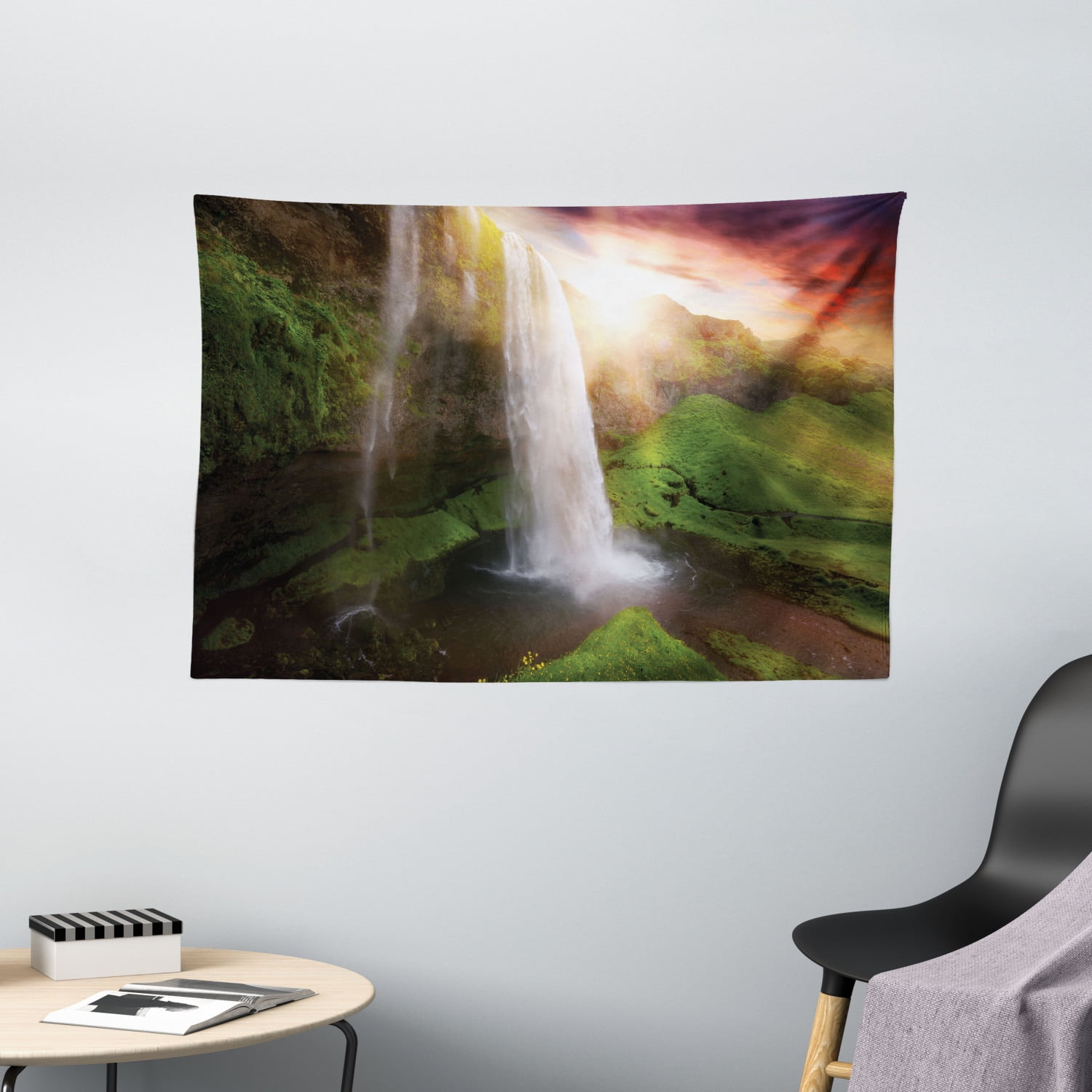 Waterfall Tapestry, Waterfalls at Fairy Sunset Sky in Iceland Scenic ...