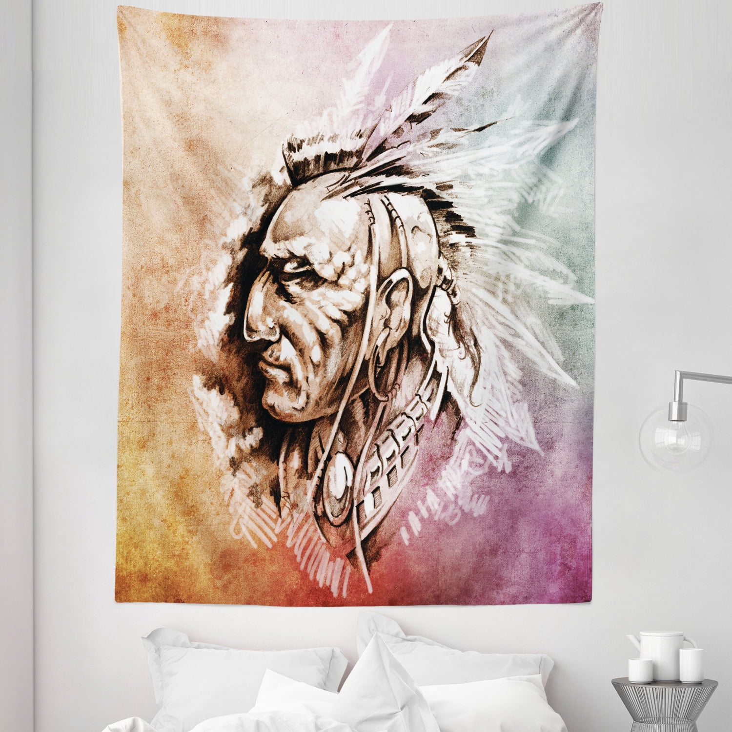 Native Tapestry, Sketch of American Native with Headdress on Peachy ...