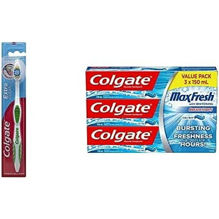 Colgate Extra Clean Toothbrush, Firm, 1 Count + Colgate MaxFresh ...