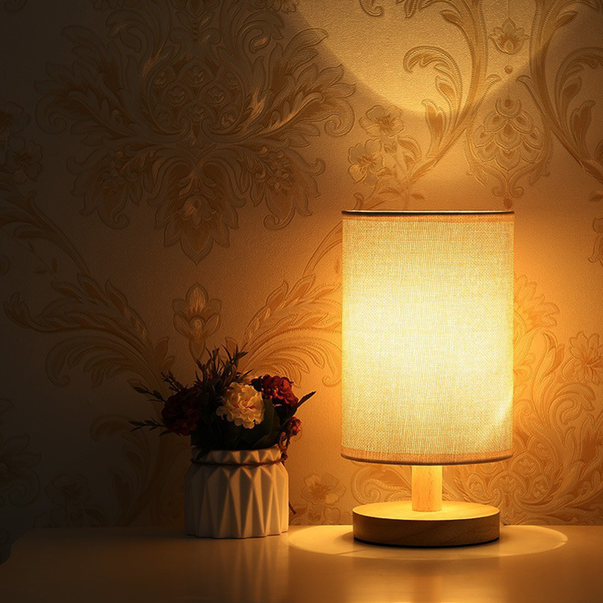 Relax love Linen Table Lamp Touch Control LED Dimmable Wooden Beside ...
