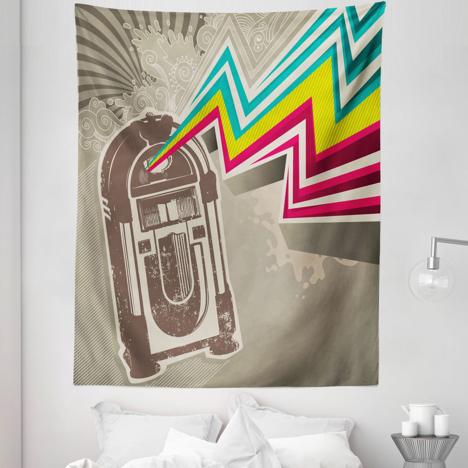 Retro Tapestry, Antique Vintage Retro Radio Party with Colorful Zig Zag ...