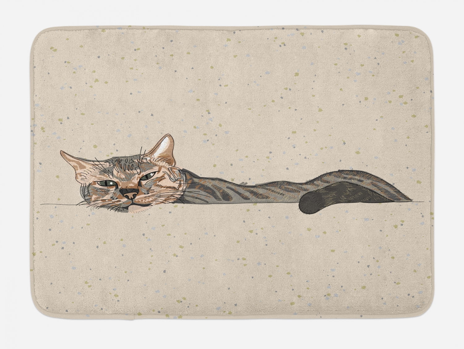 Cat Bath Mat, Lazy Sleepy Cat Figure in Earth Tones Cute Furry Mascot ...