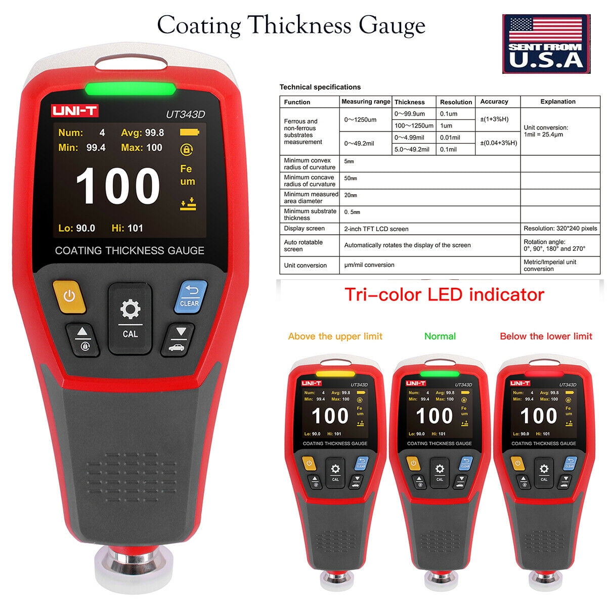 Professional Coating Thickness Gauge UNI-T UT343D 0-1250µm - Walmart.com