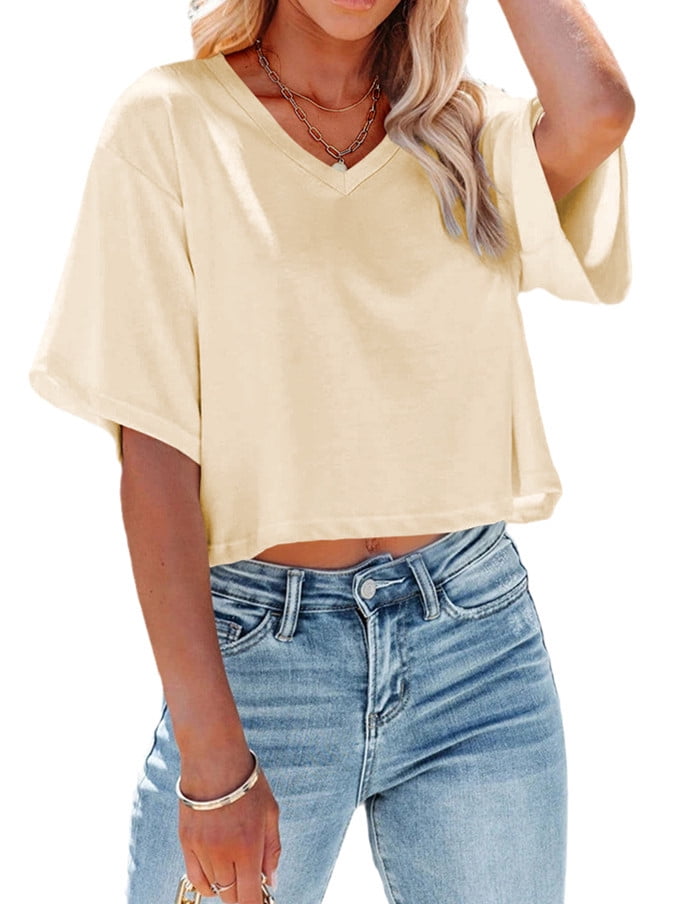 Dellytop Women Half Sleeve Drop Shoulder V Neck Basic Crop Tops ...